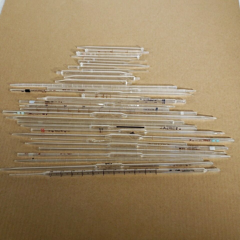 Lot Of 33 Volumetric Pipettes Glass Pipette Tips Pyrex Kimax Corex Kim ...